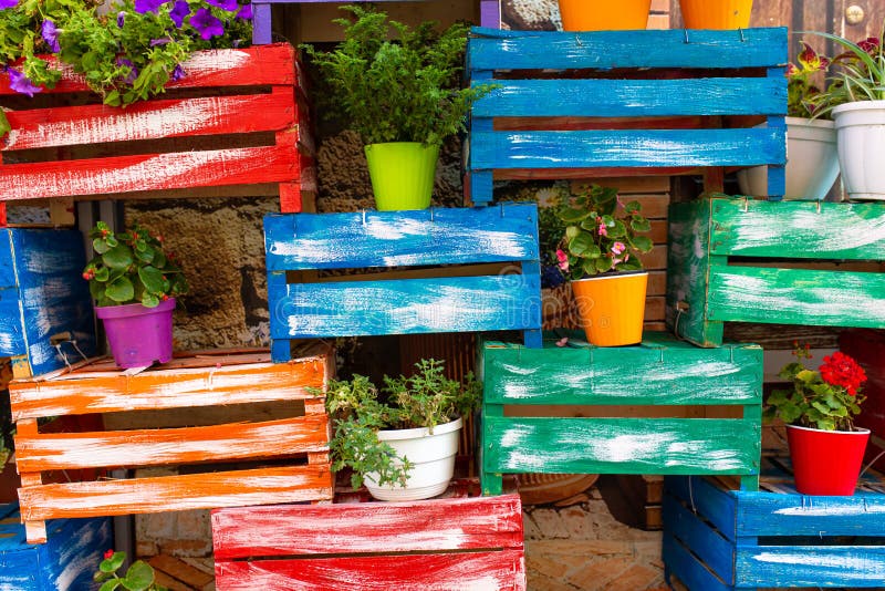 Cheerful Design of Multi-colored Wooden Boxes and Flower Pots Stock ...