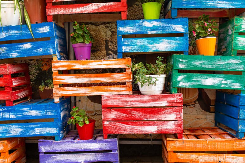 Cheerful Design of Multi-colored Wooden Boxes and Flower Pots Stock ...