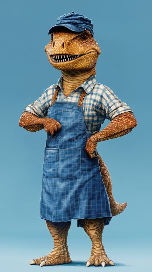 Humanized Dinosaur in a Blue Apron and Farmer Hat Smiling in a Vibrant ...