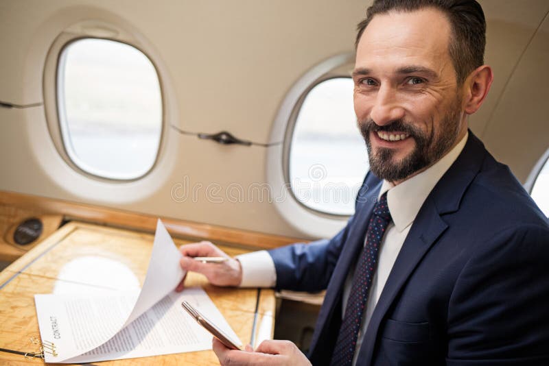 Cheerful Diplomat Working on Plane Board Stock Image - Image of cabin ...