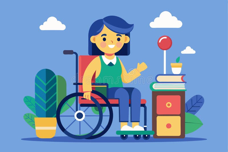 A Cheerful Disabled Student in a Wheelchair Sits by a Stack of Books ...