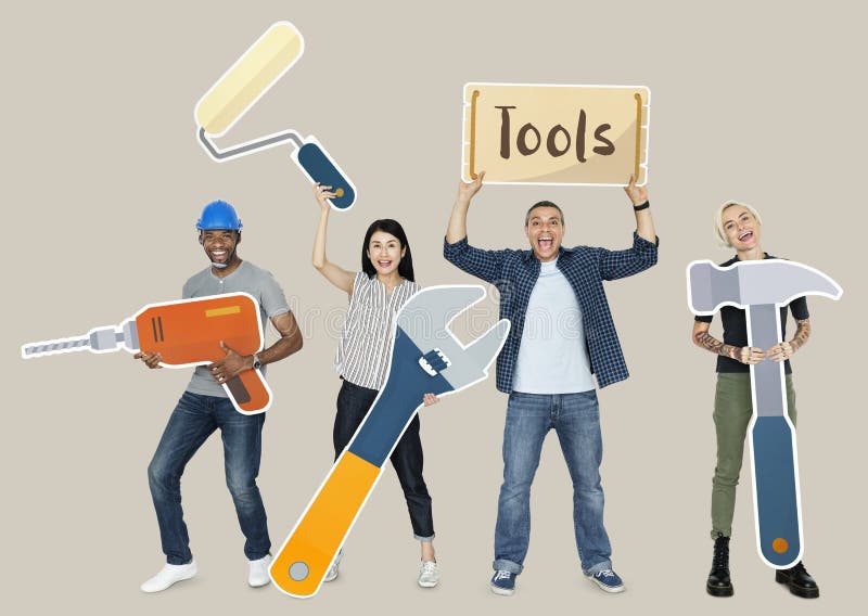 Cheerful Diverse People Holding Tools Stock Photo - Image of diverse ...