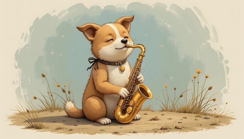 Dog Playing Saxophone Outdoor Illustration with Whimsical, Musical ...