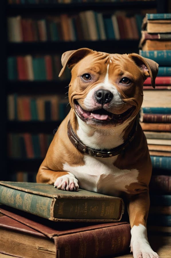Adorable Staffordshire Bull Terrier Puppy Resting on Old Books in ...