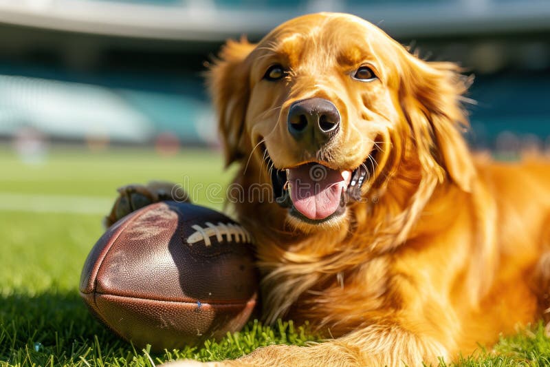 Cheerful Dog with a Rugby Ball on Stadium Stock Image - Image of happy ...