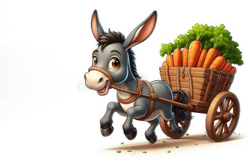 A Cheerful Donkey is Carrying Carrots in a Cart. Space for Text. Stock ...