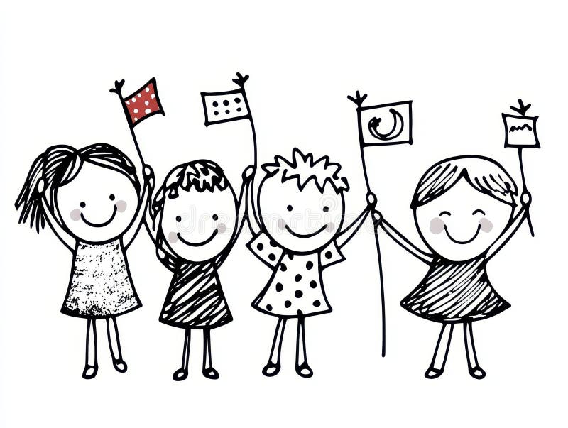 Group of Kids with Flags, Happy Doodle Sketch Stock Photo - Image of ...
