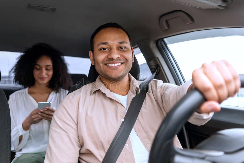 Cheerful Driver Guy Posing at Wheel Driving Auto with Passenger Stock ...