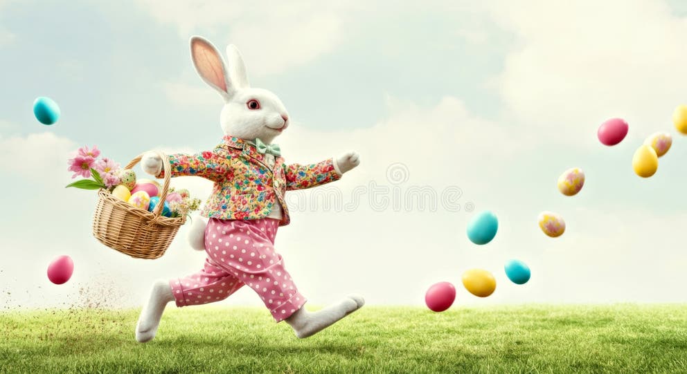 Cheerful Easter Bunny with Basket of Colorful Eggs Hopping through ...