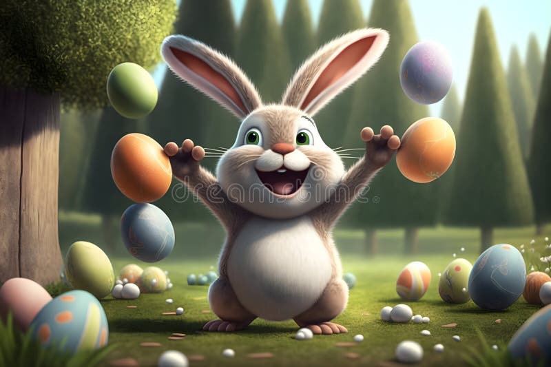 Cheerful Easter Bunny in the Garden on the Grass, Colored Eggs Falling ...