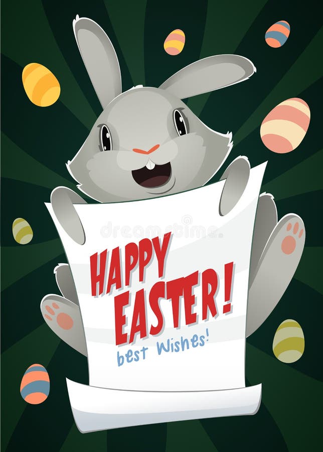 Cheerful Easter Bunny Holding Message Poster. Cartoon Banner. Stock ...