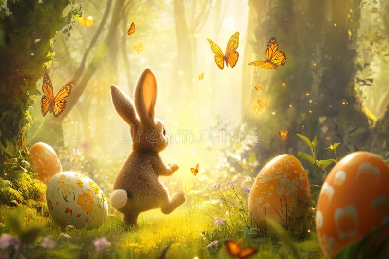 A Cheerful Easter Bunny Hopping through a Magical Forest Filled with ...