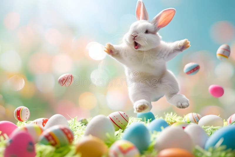 Cheerful Easter Bunny Leaping Joyfully, Eggs Aplenty, Celebrating ...