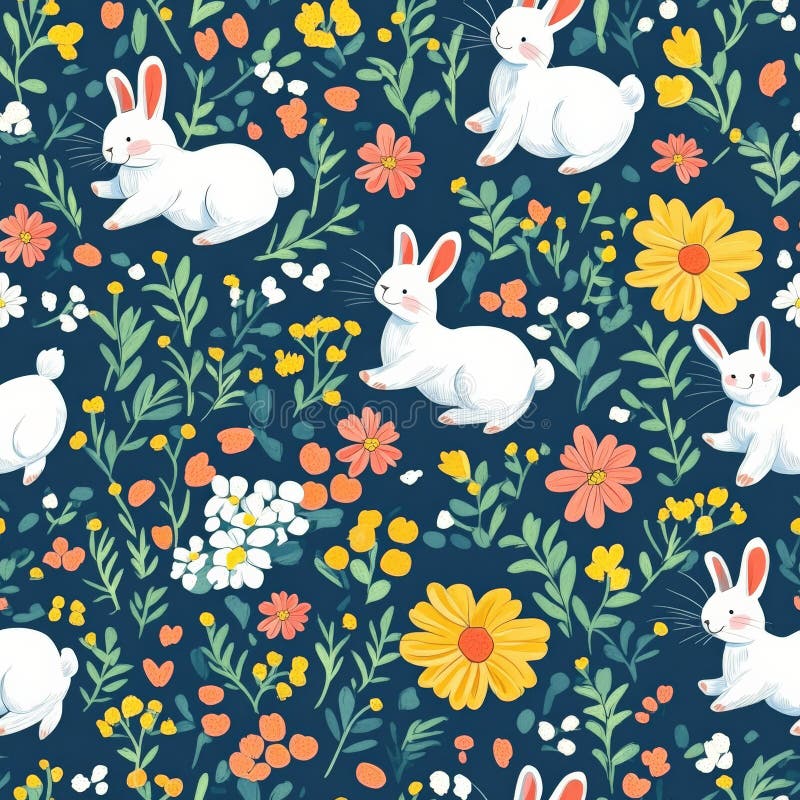A Cheerful Easter Bunny Pattern with Fluffy White Rabbits Hopping among ...
