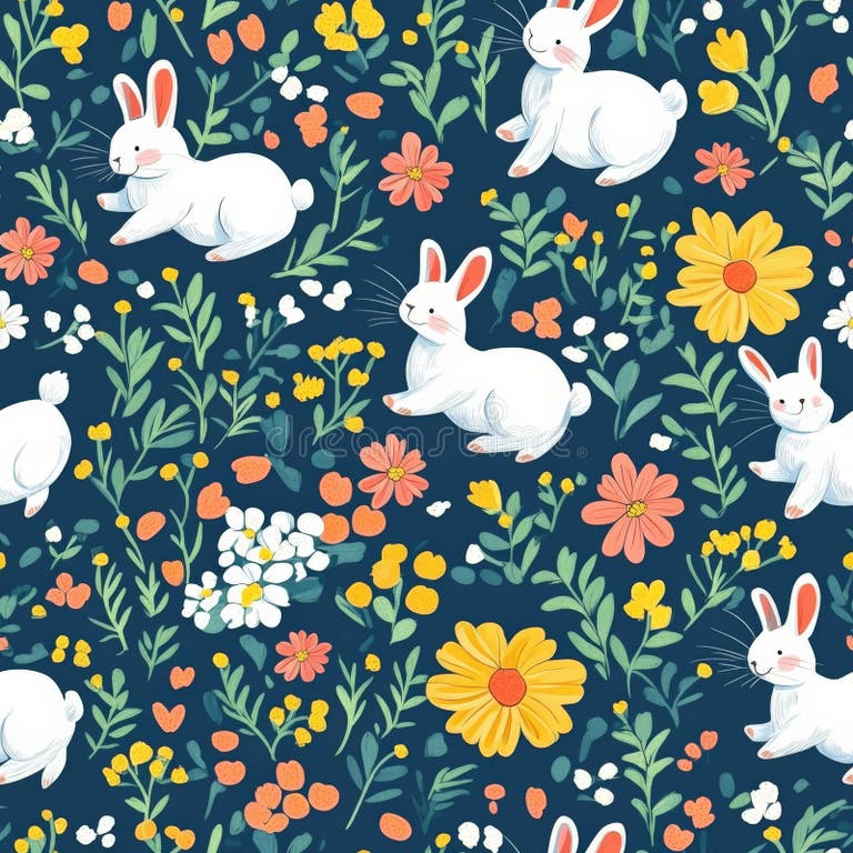 A Cheerful Easter Bunny Pattern with Fluffy White Rabbits Hopping among ...