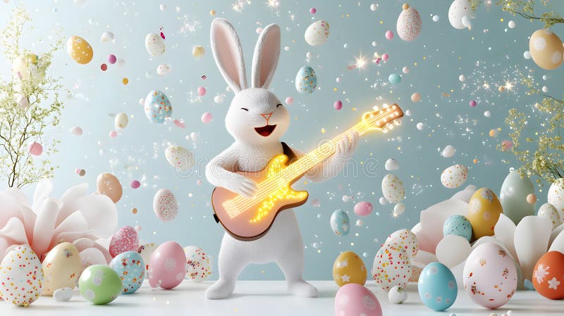 Cheerful Easter Bunny Playing Guitar Surrounded by Colorful Eggs and ...