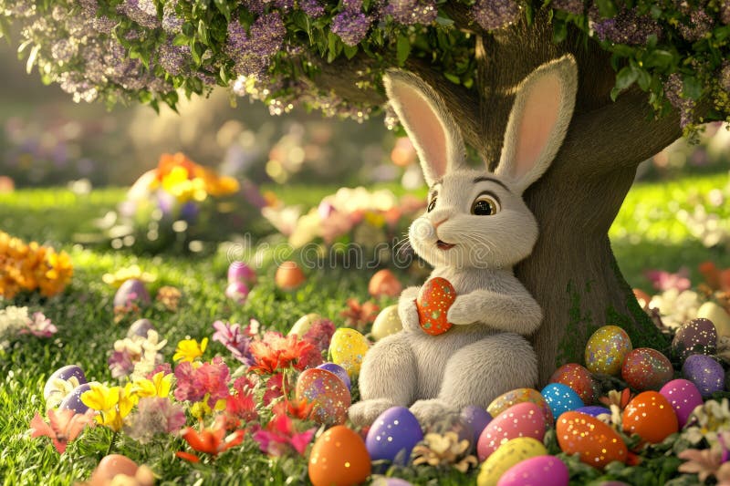 A Cheerful Easter Bunny Sitting in Front of a Large Tree Decorated with ...