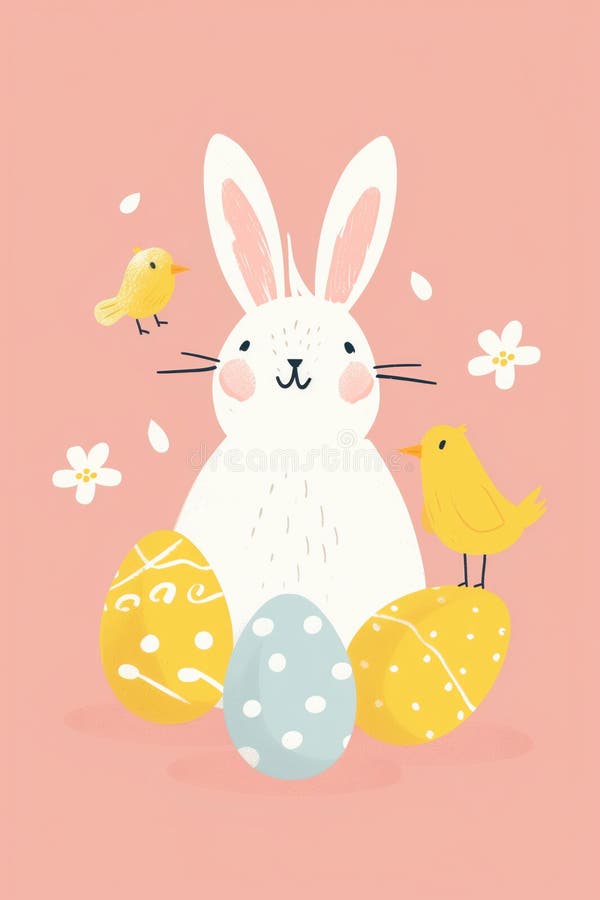 Cheerful Easter Illustration Featuring Smiling White Bunny Surrounded ...