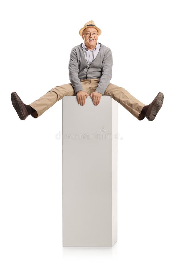 Cheerful Elderly Man Sitting on a Tall White Column Stock Image - Image ...