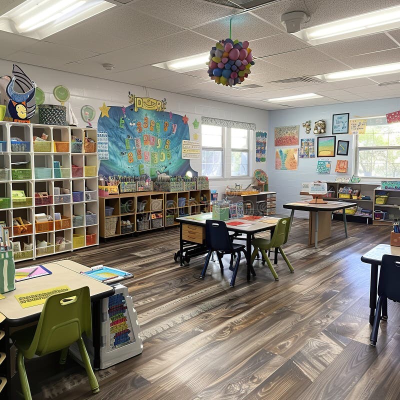 A Cheerful Elementary Classroom with Organized Desks, Thematic Bulletin ...