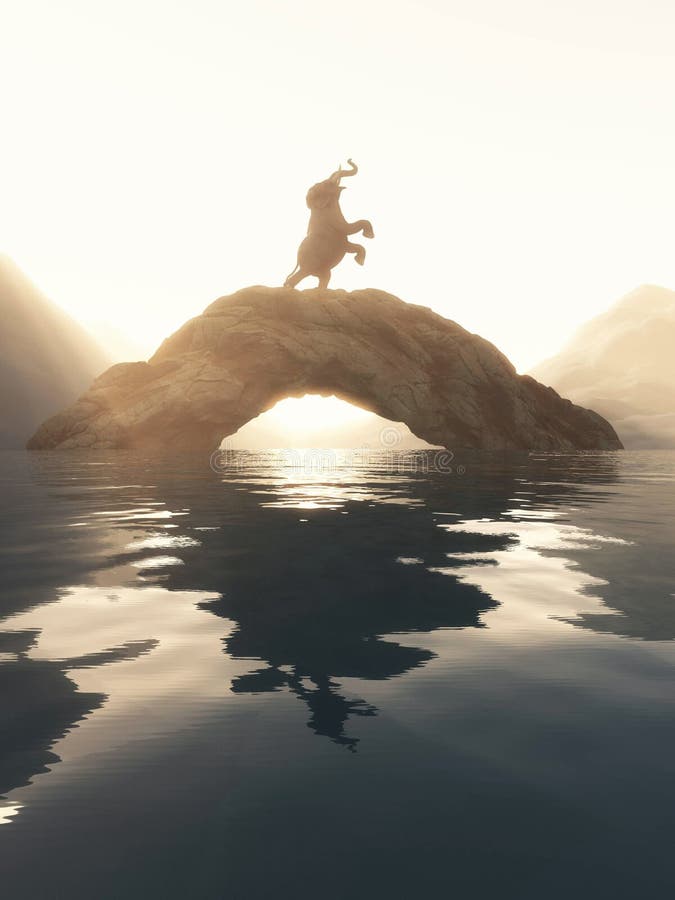 Elephant Rising Up on a Arched Rock in the Lake Stock Photo - Image of ...