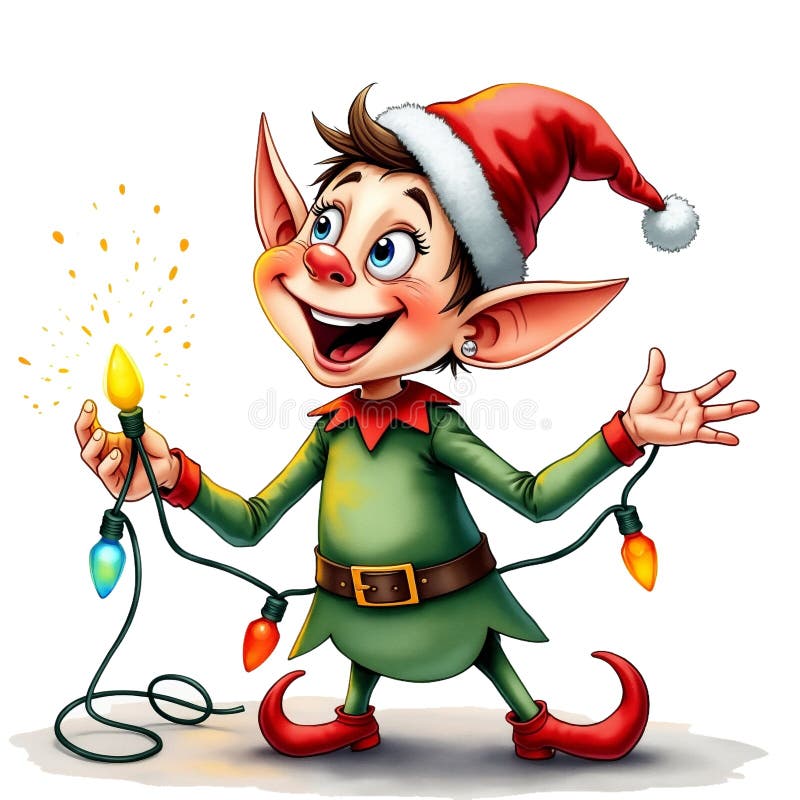 A Cheerful Elf Dressed in Green and Red Holds a Colorful String of ...