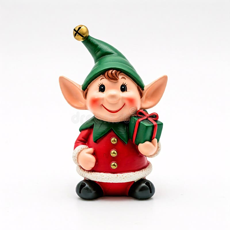 A Cheerful Elf Figurine Holding a Small Gift, Ready for Christmas Stock ...