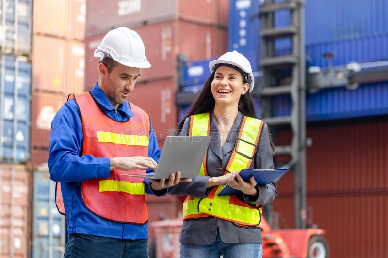 Cheerful Engineer and Foreman Worker Team in Hardhat and Safety Vest ...