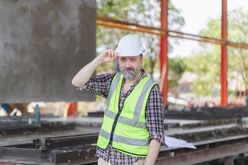 Cheerful Engineer Man on Construction Site, Caucasian Foreman Worker ...