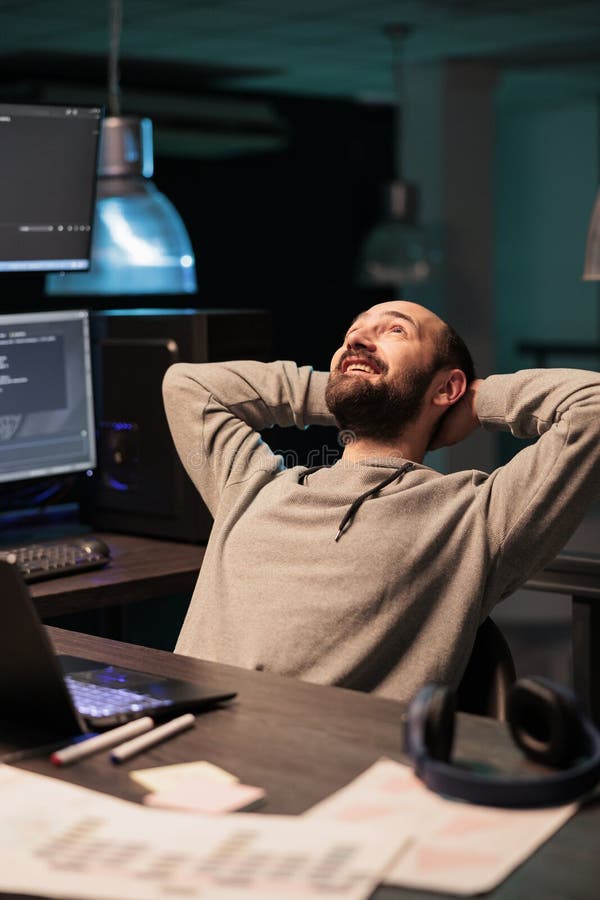 Cheerful it Engineer Relaxing on Office Chair Stock Image - Image of ...