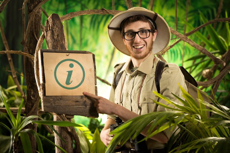 Cheerful Explorer With Sign Stock Image - Image of space, sign: 47545501