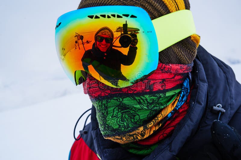 Cheerful Face of Photographer is Reflected in Mask Snowboarder, Closeup ...