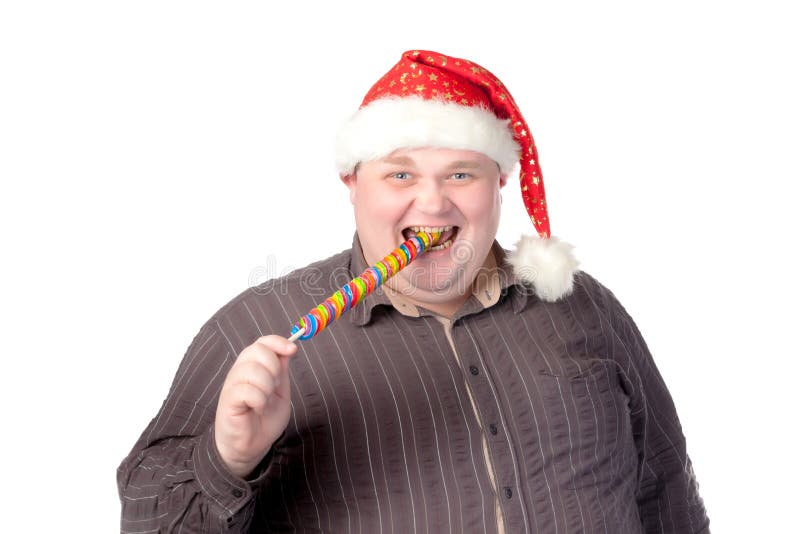 Cheerful Fat Man in Santa Hat Stock Image - Image of merry, person ...
