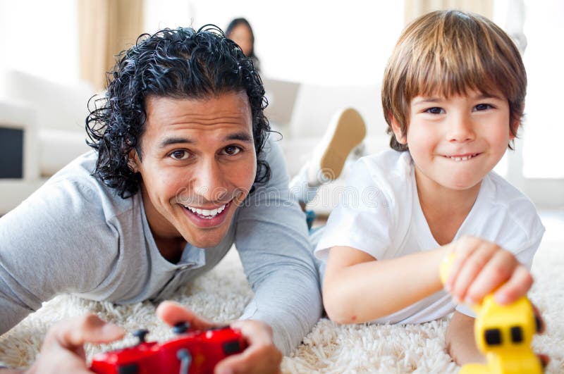 Cheerful Father and His Son Playing Video Games Stock Photo - Image of ...