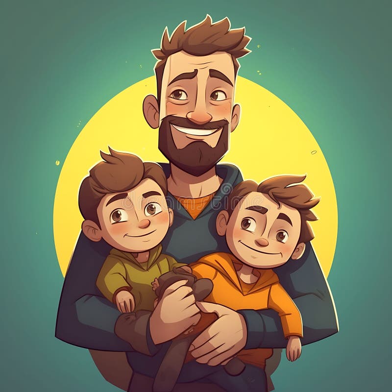Cheerful Father with Two Young Sons, Embracing Them with Joy and Love ...
