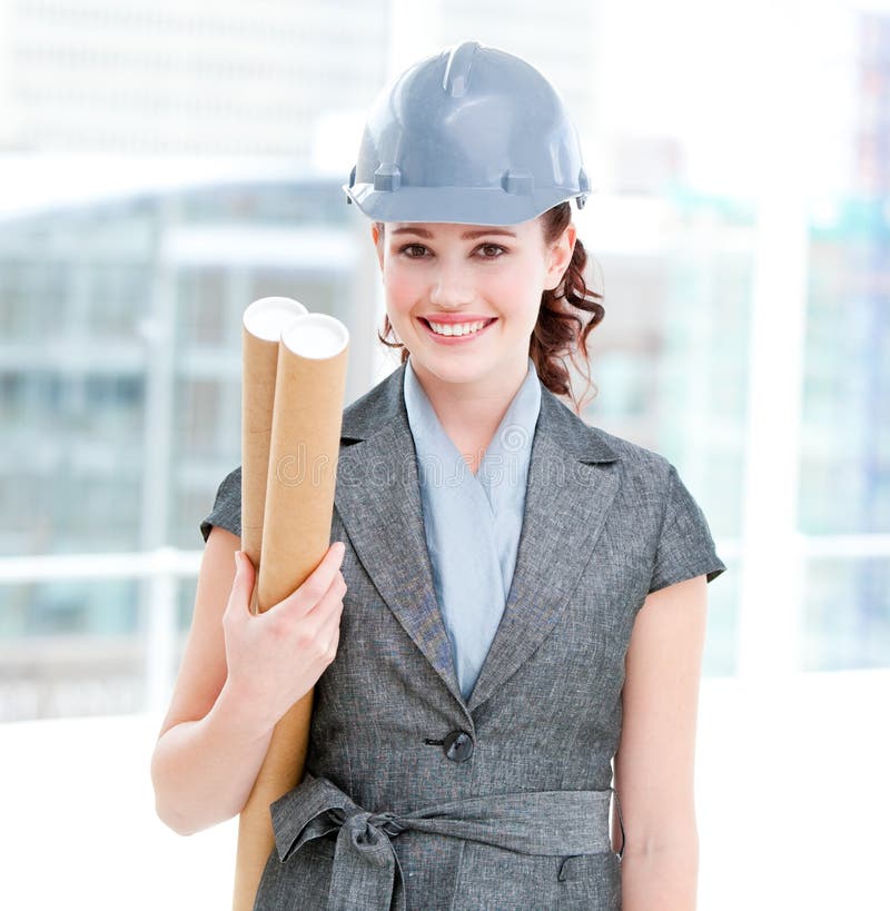 Cheerful Female Architect with Hard Hat and Plans Stock Image - Image ...