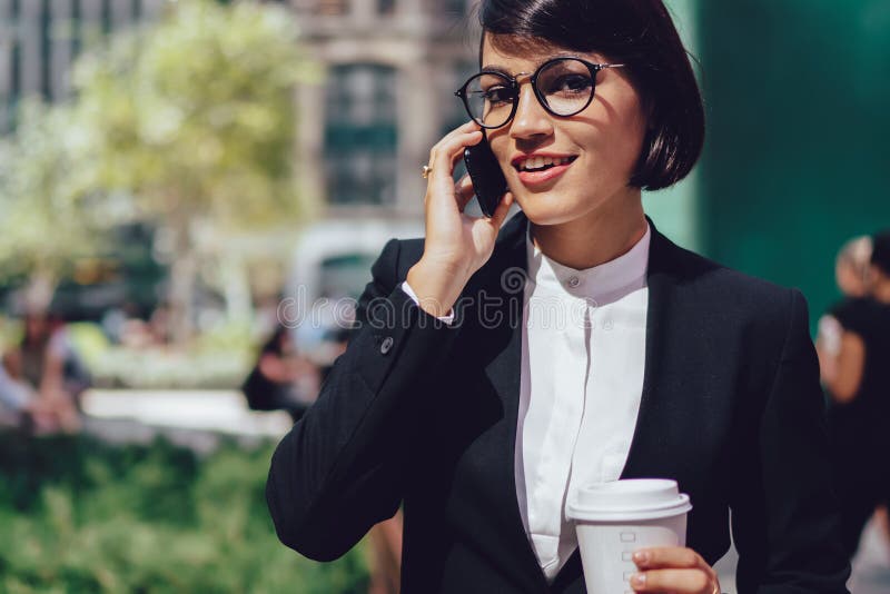 Cheerful Female Banker Talking on Smartphone in Downtown Stock Image ...