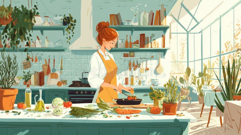 Rustic Kitchen Cooking Scene with Female Chef Stock Image - Image of ...