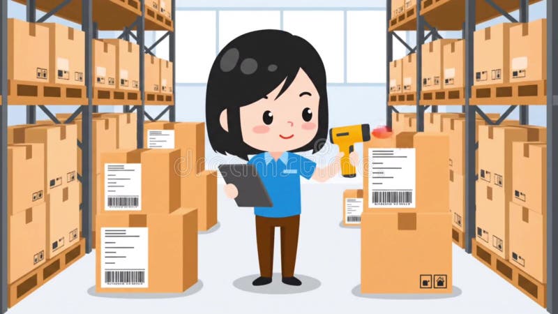 Happy Female Warehouse Worker Scanning Packages with Barcode Scanner in ...