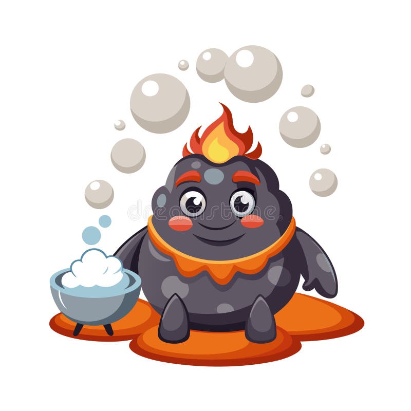 Cute Fire Elemental Character with Soap Bubbles and Cauldron ...