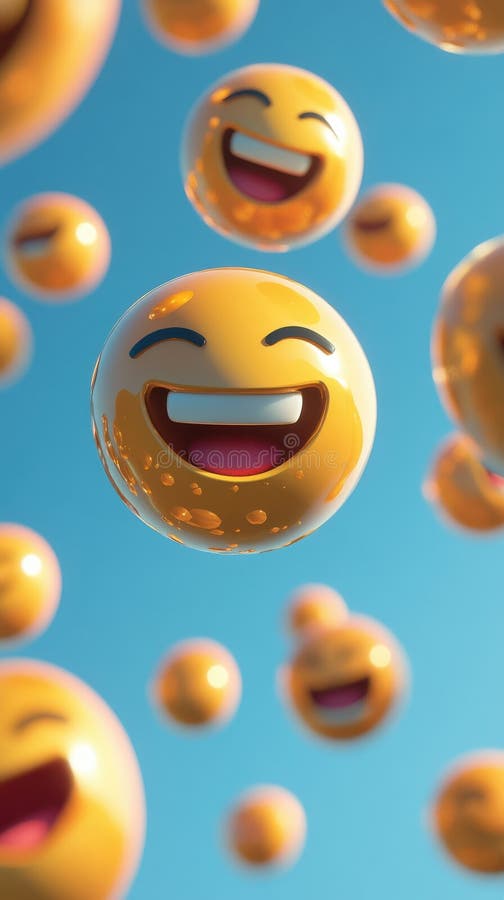 Cheerful Floating Emoji Spheres Against a Bright Blue Sky Stock Image ...