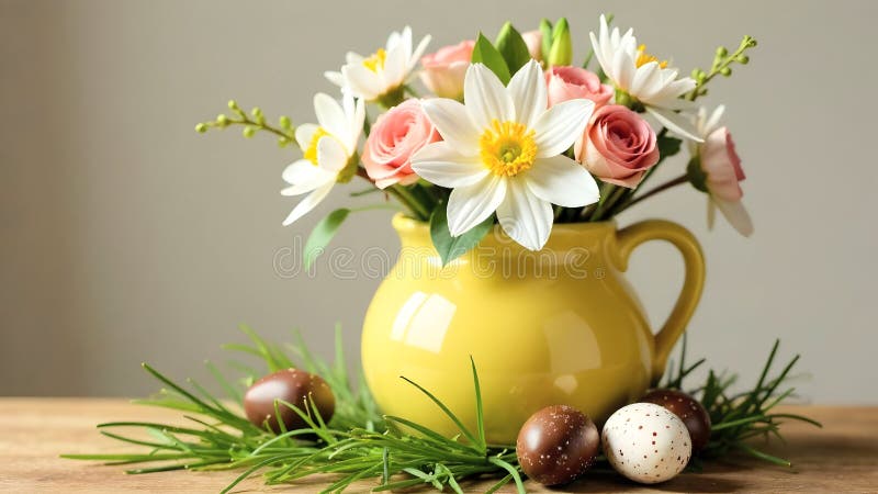 A Cheerful Floral Display with Pink Roses and White Daffodils in a ...