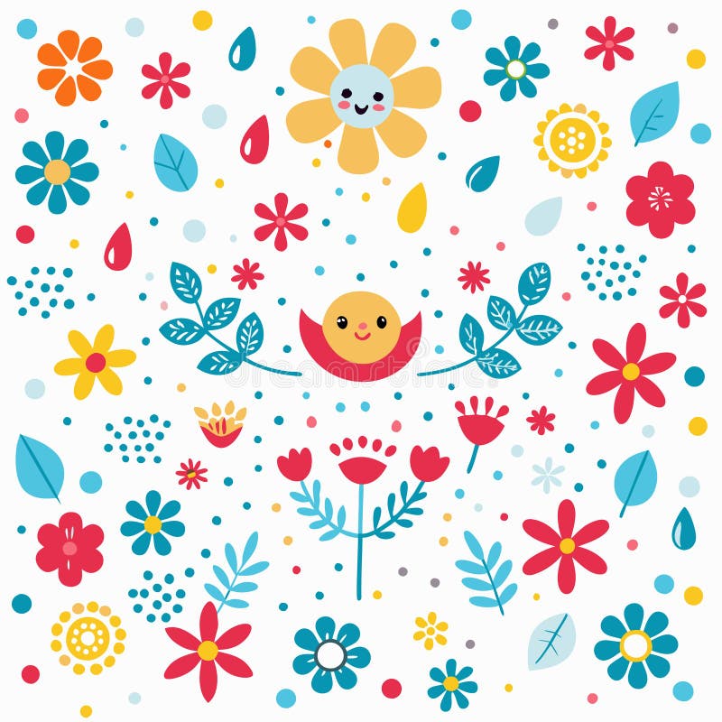 Cheerful Floral Pattern with Cute Cartoon Flowers and Leaves Stock ...