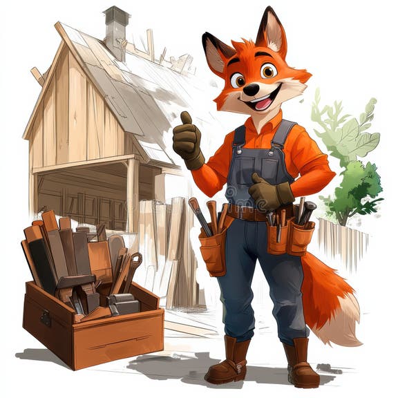Cheerful Fox Builder Happily Working on a Barn Construction Project ...