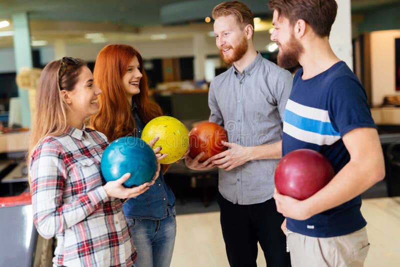 Cheerful Friends Bowling Together Stock Image - Image of entertainment ...