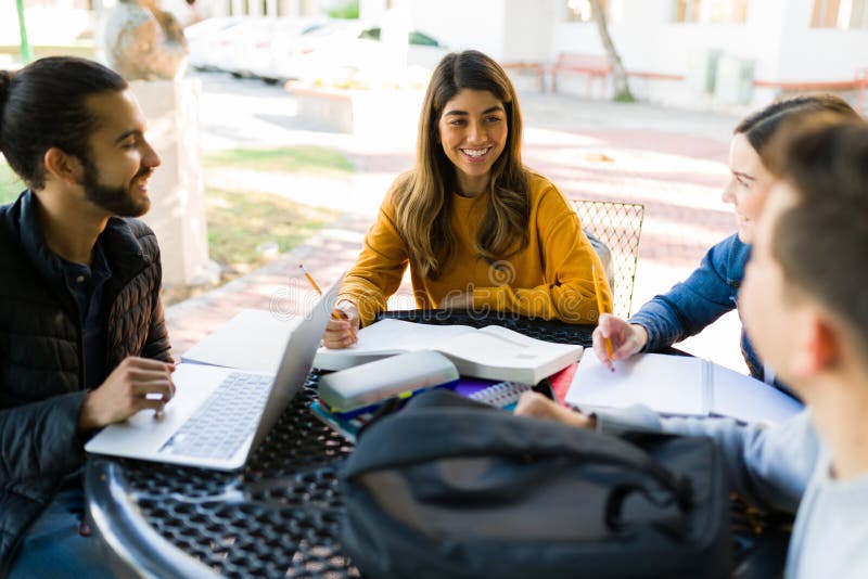 Cheerful Friends Studying Together Stock Photo - Image of student ...