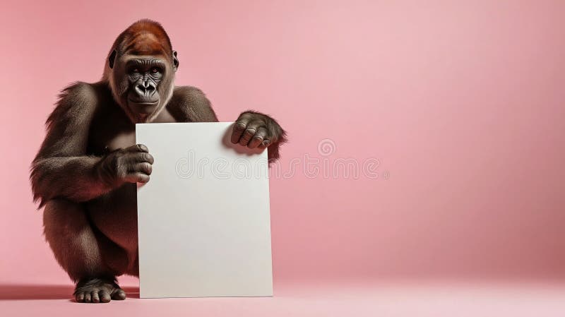 Funny Gorilla Holding Up an Empty Sign, a White Blank Board with Space ...
