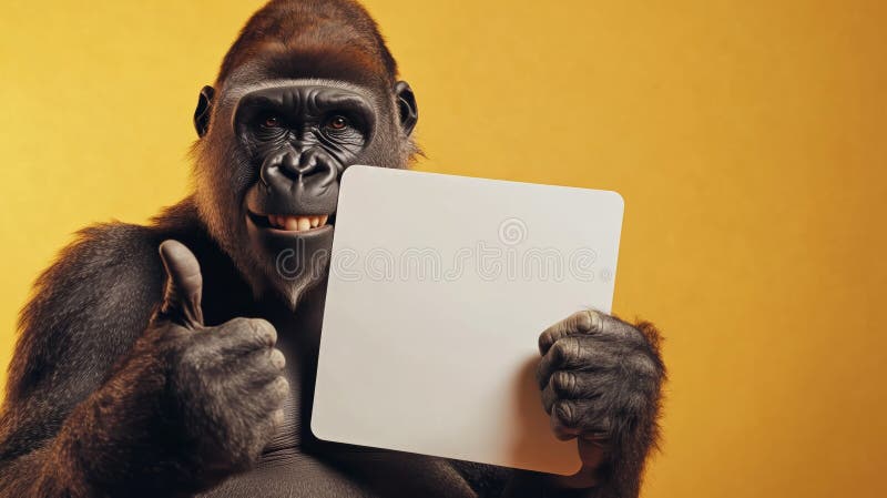 Funny Gorilla Holding Up an Empty Sign, a White Blank Board with Space ...