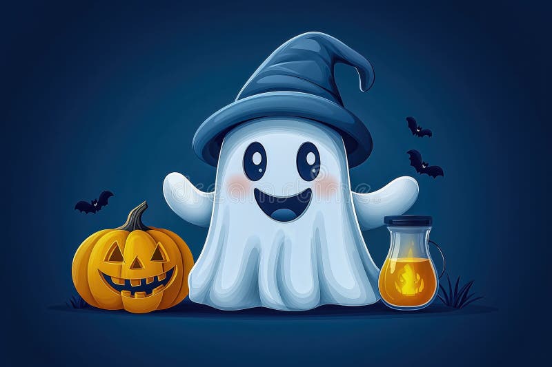 Cheerful Ghost with Lantern and Jack-O -Lantern Stock Illustration ...