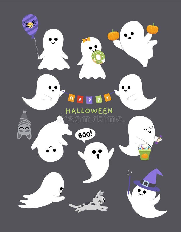 Cheerful Ghosts. Set of Cute Ghost for Halloween. Cartoon, Flat, Vector Stock Vector ...